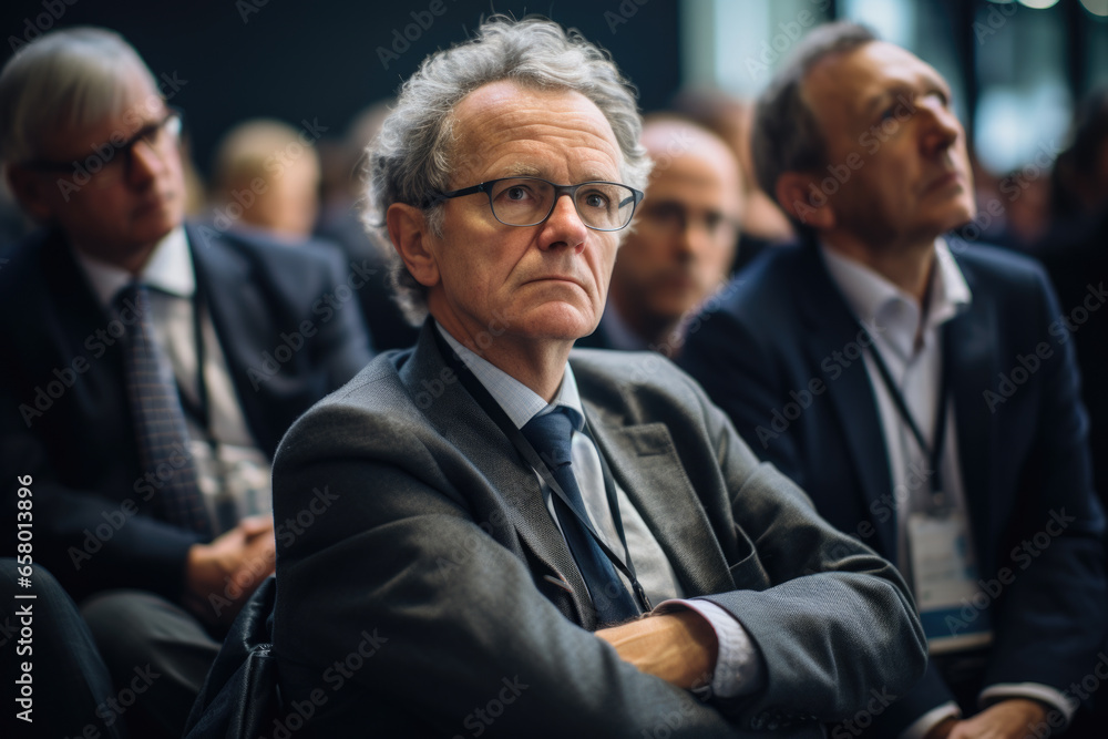 Man in suit and tie confidently sits in front of group of people ...