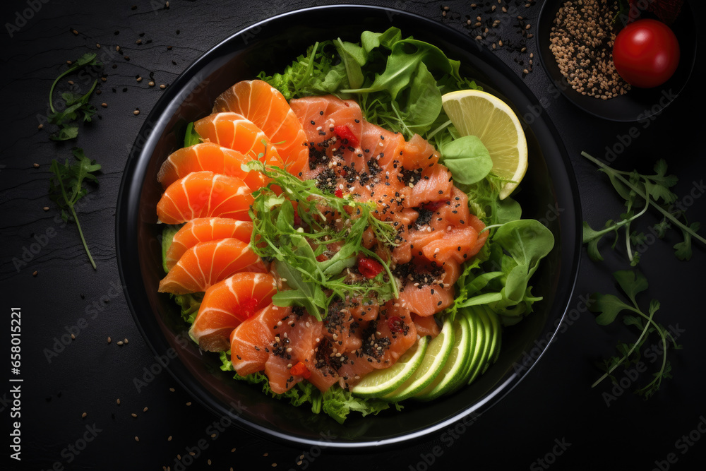 Black bowl filled with variety of delicious food is placed on top of ...