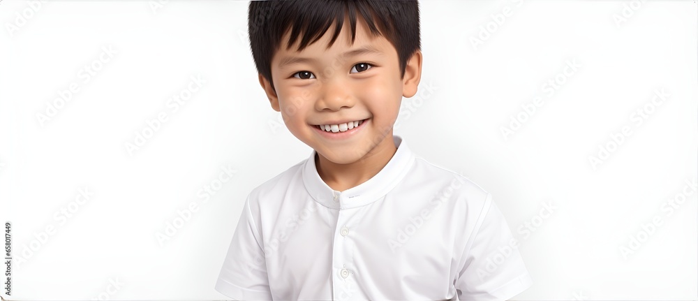 Young Filipino boy kid smiling and wearing plain white shirt on plain ...