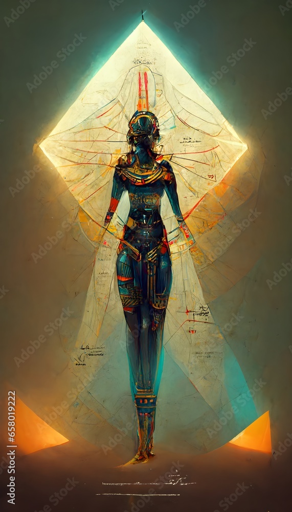 full page technical drawing technocore mind meld cyborg female Valkyrie ...