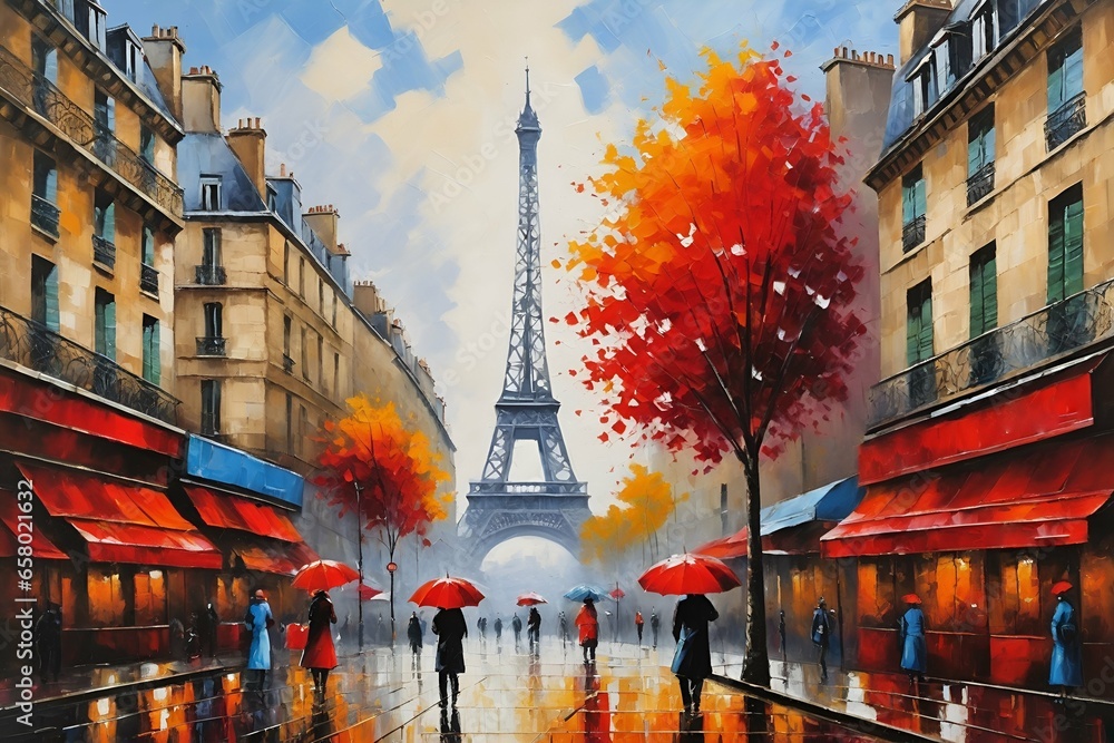 Photo & Art Print Paris Street View Eiffel Tower, Red Umbrella, and ...