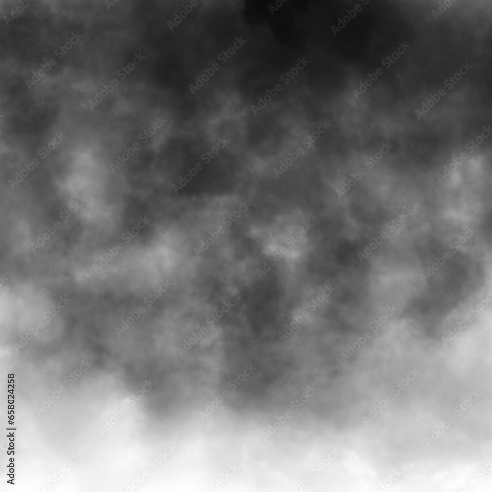 Abstract white puffs of smoke swirls overlay on black background ...