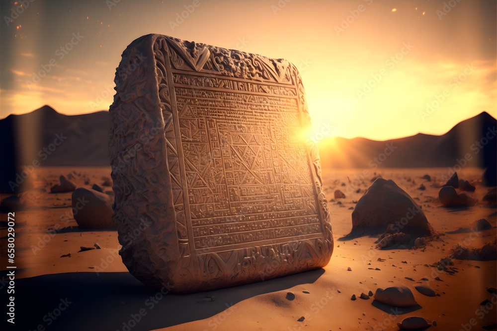 large glowing Sumerian cuneiform tablet surrounded by alien like ...