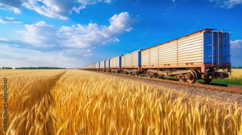 Railway train with wagons during the transportation of wheat and grain ...