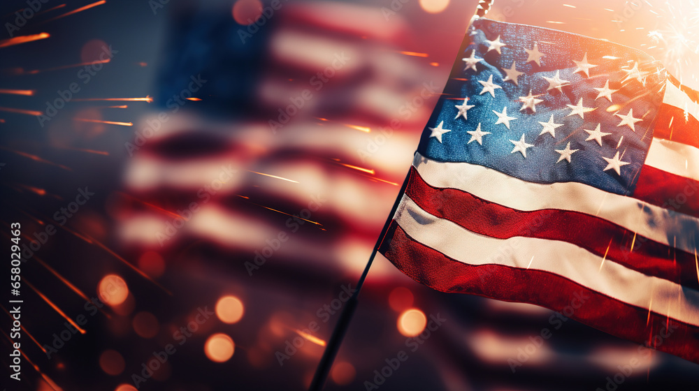 American flag on background of fireworks. Veterans Day. The USA are ...