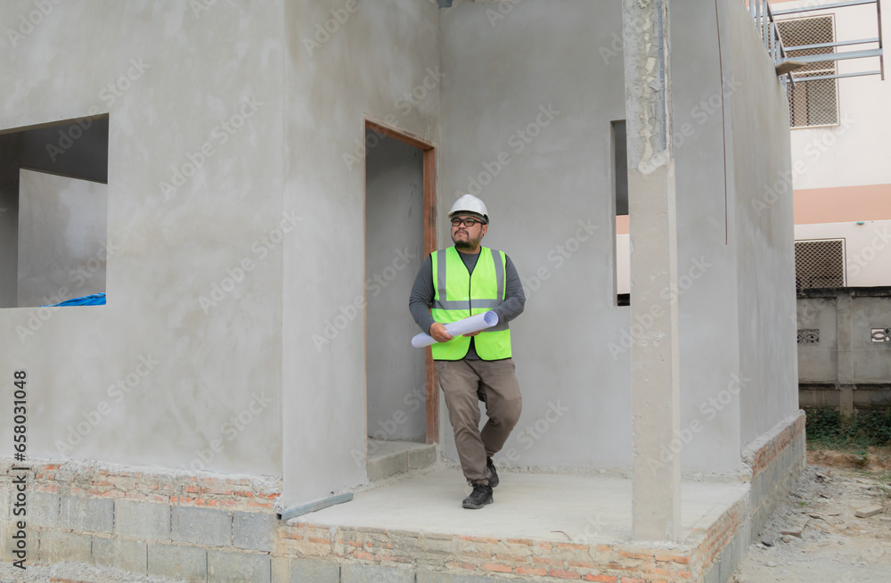 Young Asian overweight foreman contractor with beard wearing safety ...