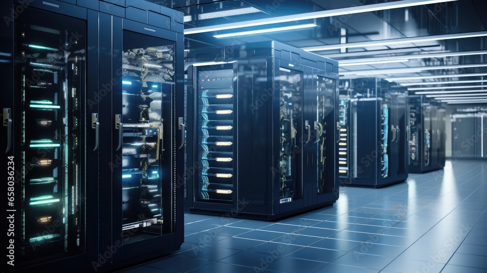 Server racks digital business in a large data center warehouse filled ...