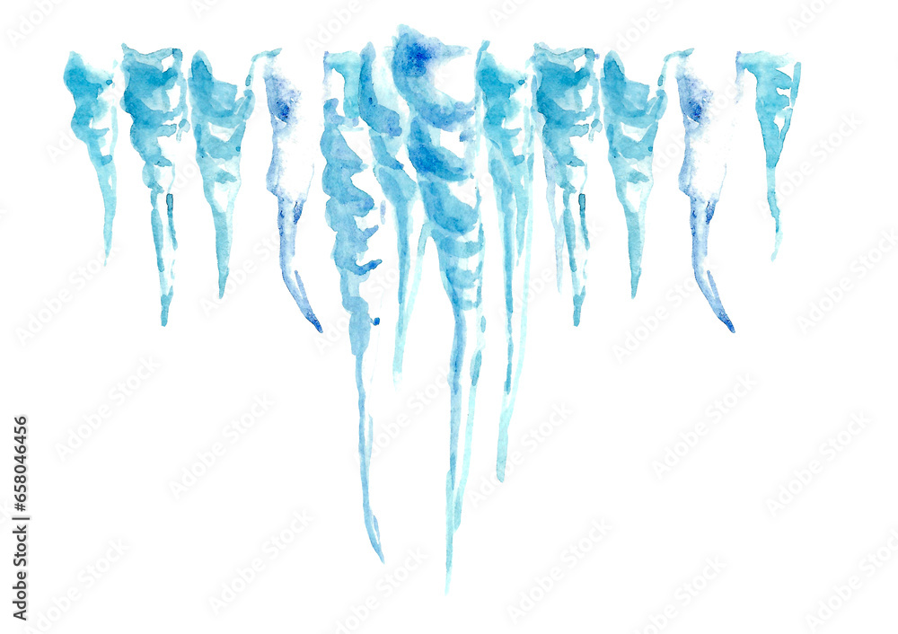 Winter natural phenomena. Blue icicles of different shapes and sizes ...