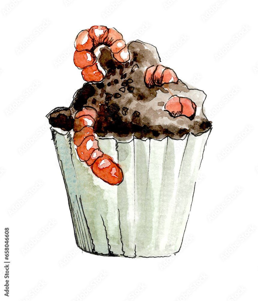 Scary and weird food for Halloween. A soil shaped muffin with long pink ...