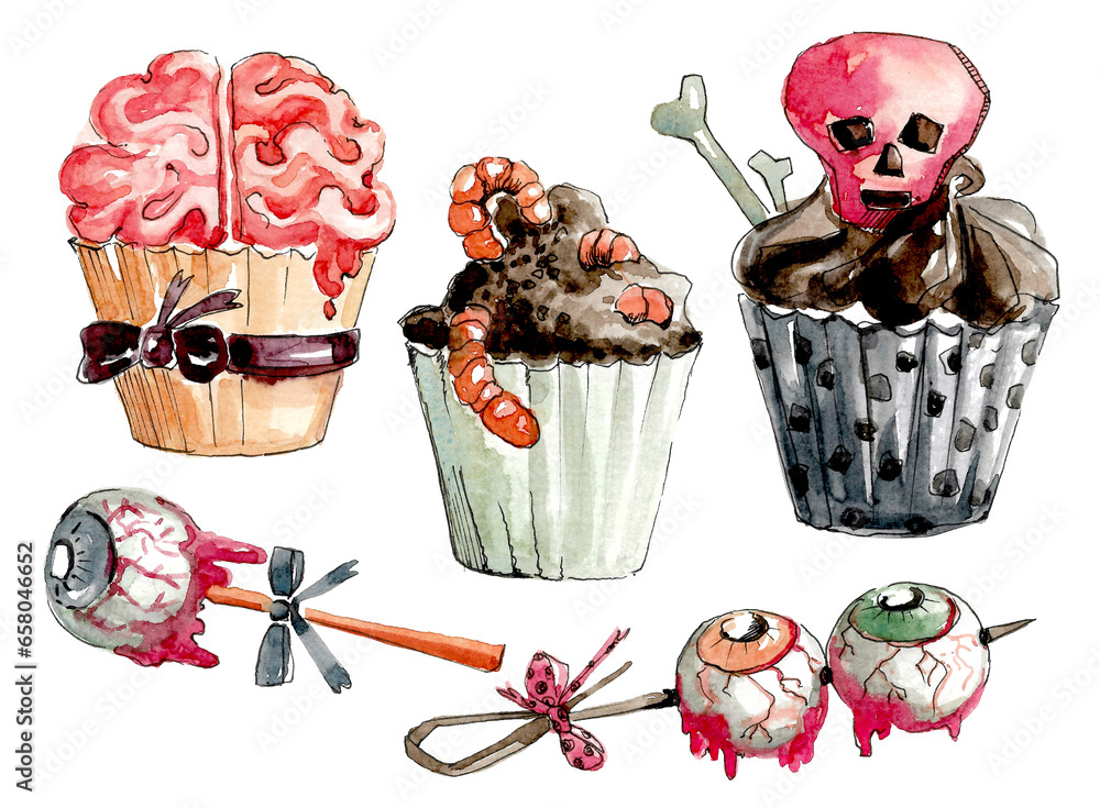 Scary food. A set of cupcakes: earth with worms and brains in cups with ...