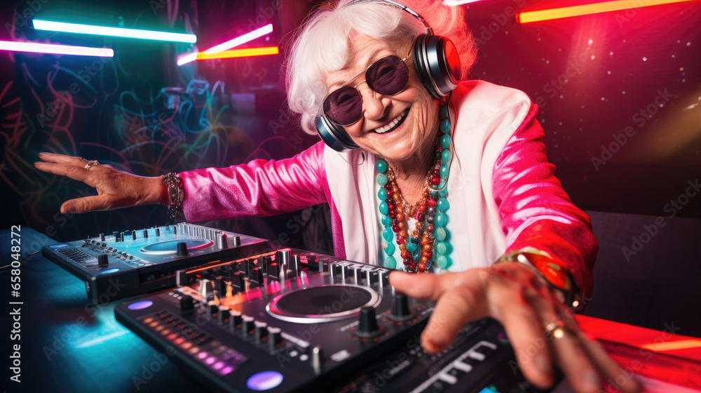 Cheerful elderly woman plays music on a DJ console. A disco party in a ...