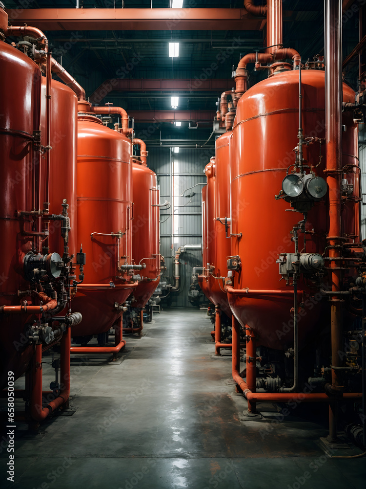 Interior of modern industrial boiler room with large metal tanks and ...