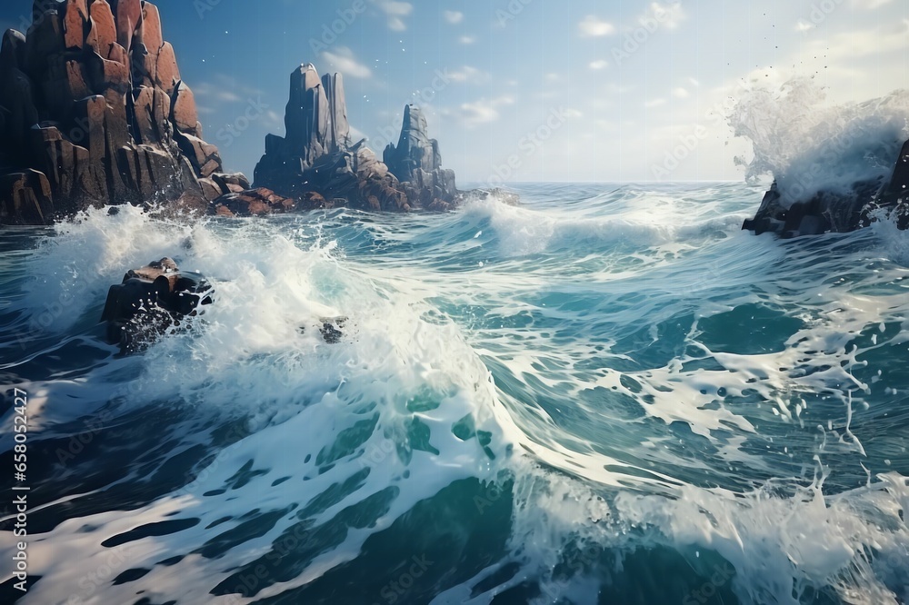 Océan déchainé au lieu des rochers, grande vagues dans une mer violente ...