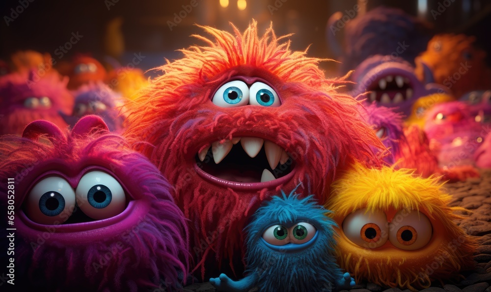 An enchanting image of shaggy, fluffy monsters standing tall and baring ...