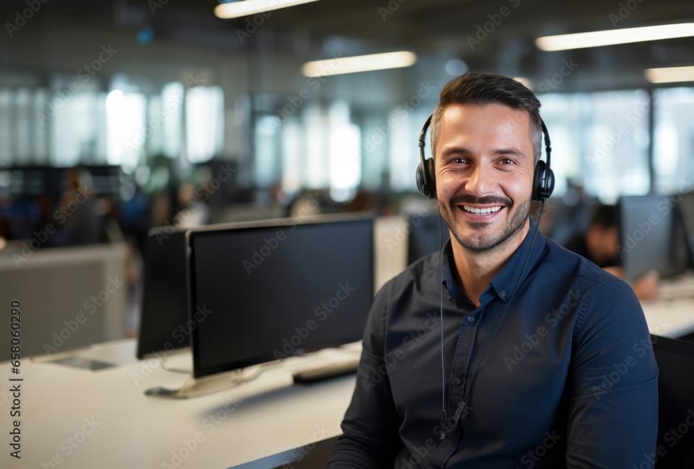 In the bustling call center a handsome man in his work sits with ...