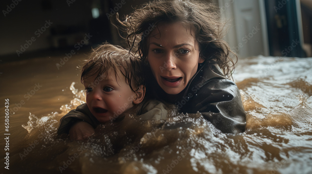 Scared mum protecting her son from flood - Generative AI Stock Photo ...