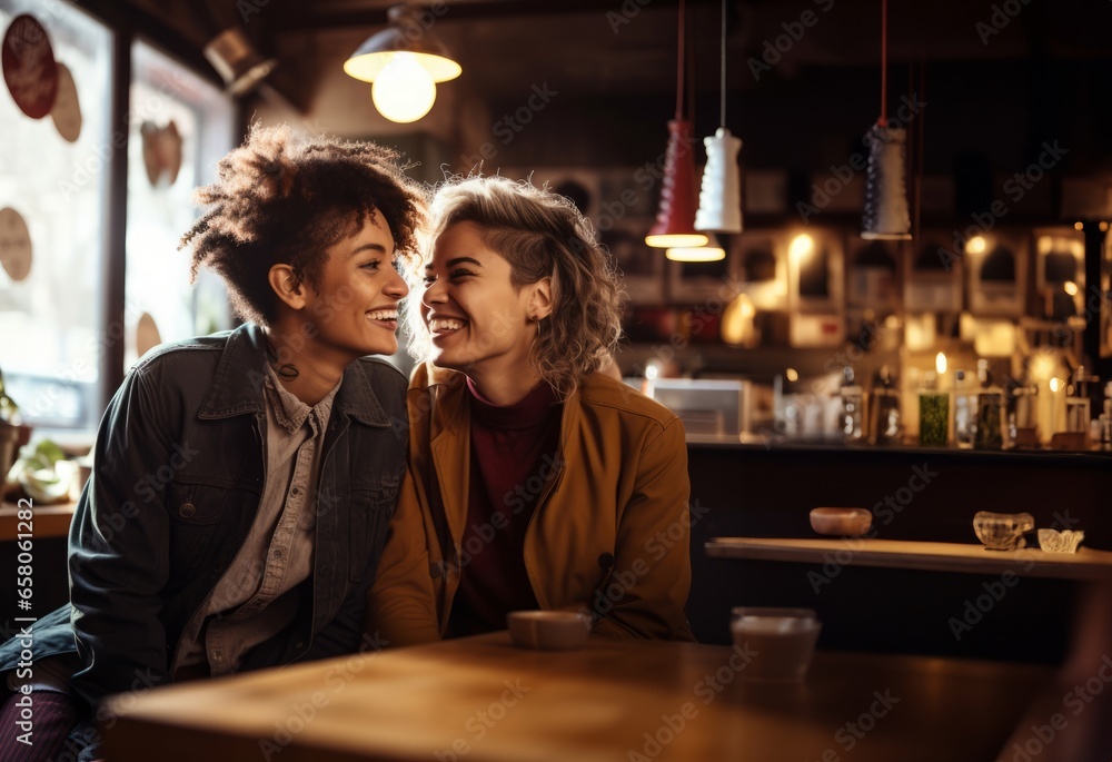 In a stylish and modern café, two LGBTQ women share a heartfelt moment ...