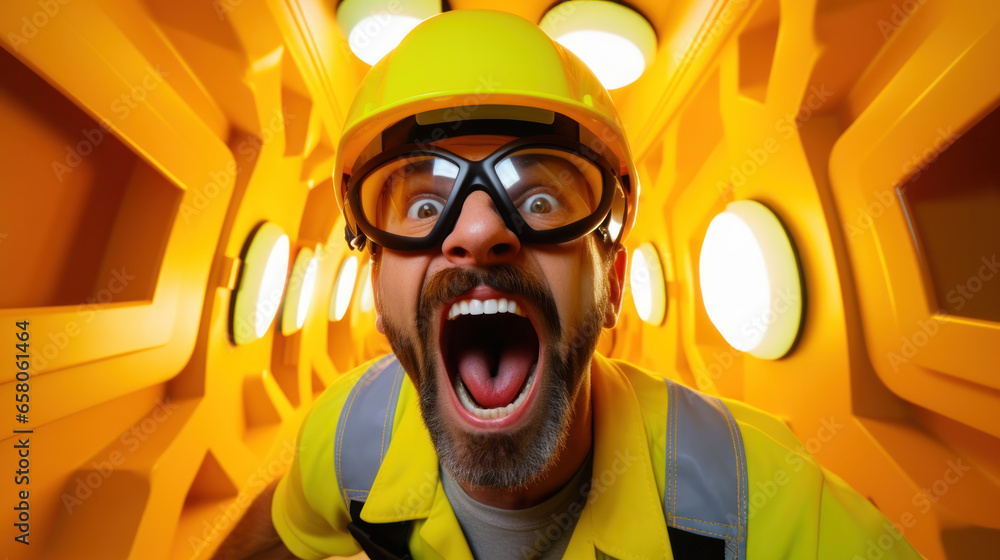 Young handsome worker man wearing uniform and security helmet Crazy and ...