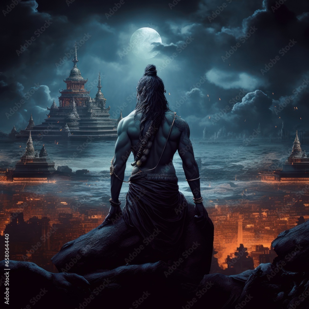 Lord shiva or warrior watching the city or guarding the city from far ...