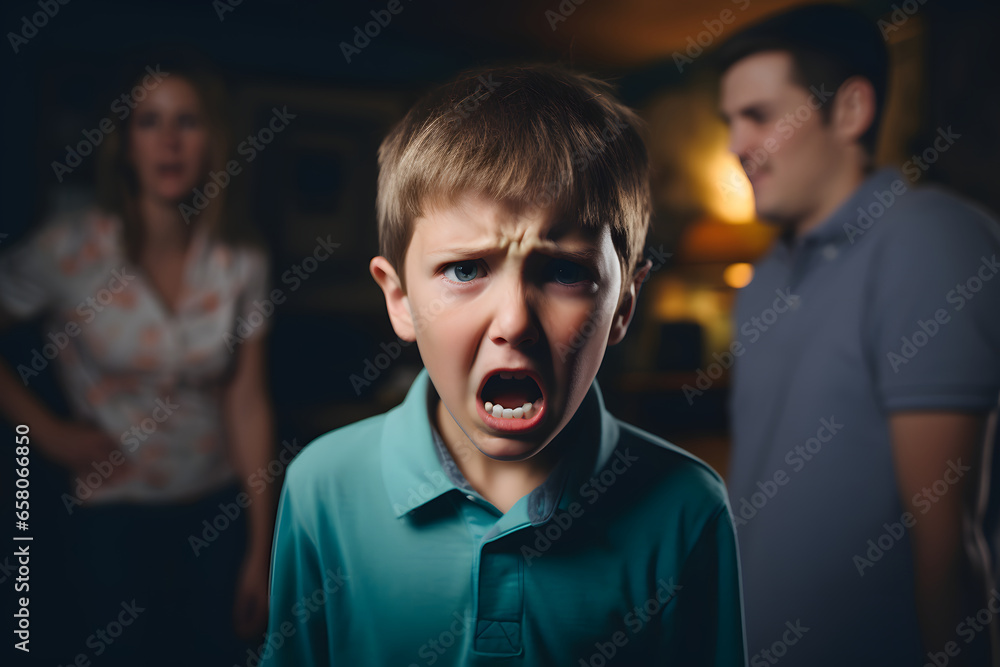 Upset preteen boy screaming in anger, little boy having a temper tantrum with desperate parents ...