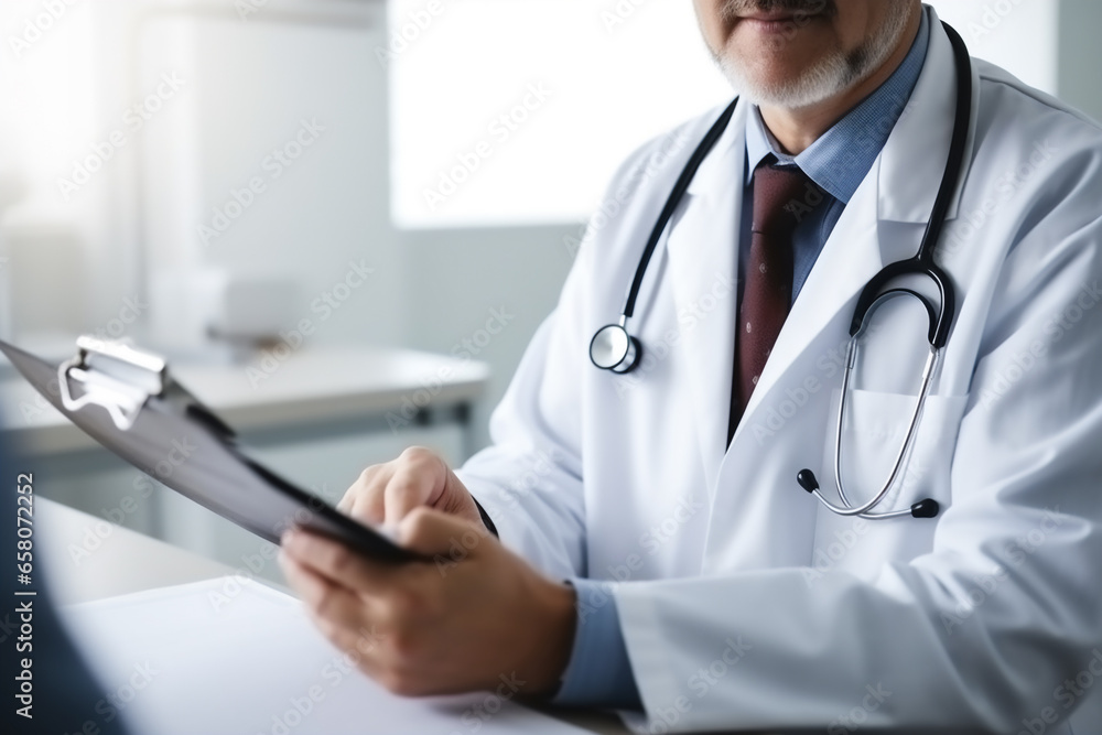 Doctor explain health check document of male patient in medical at ...