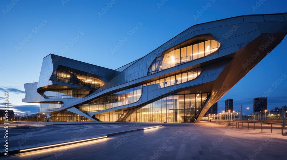 vue extérieure en soirée d'un bâtiment moderne et design à l ...