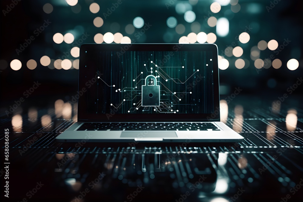 Cybersecurity Concept on Laptop Screen with Glowing Lock Symbol ...