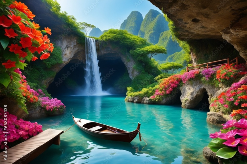 island waterfall and boat present in water, waterfall background ...