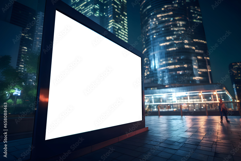 Bank screen billboard in the city with light tower background. Stock ...