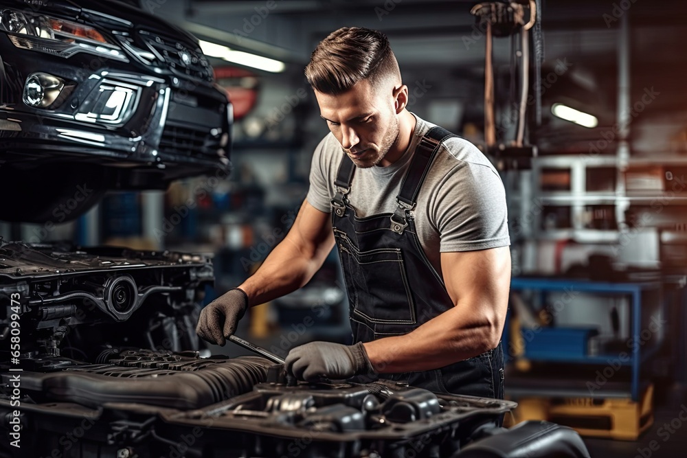 Car mechanic working in auto repair shop. Handsome young man in uniform ...