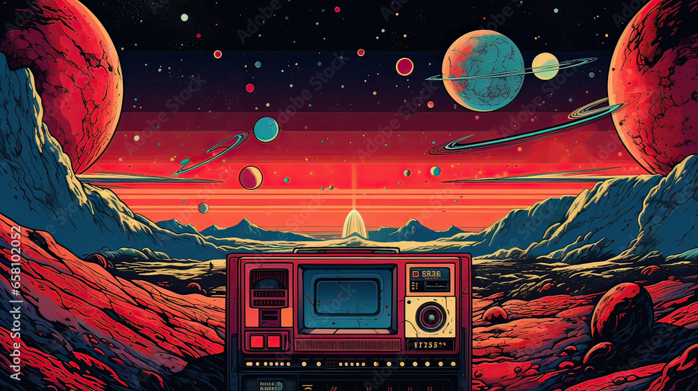 Cosmic comic panels, blending retro space exploration themes with 90s ...