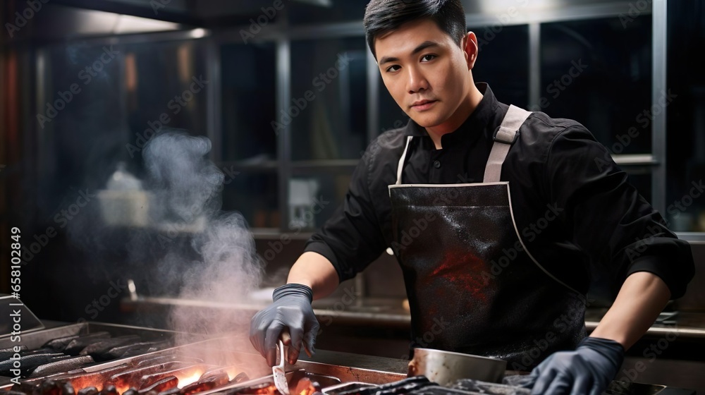 Black cooking uniform, showing face, Korean male, 38 years old, 90kg ...