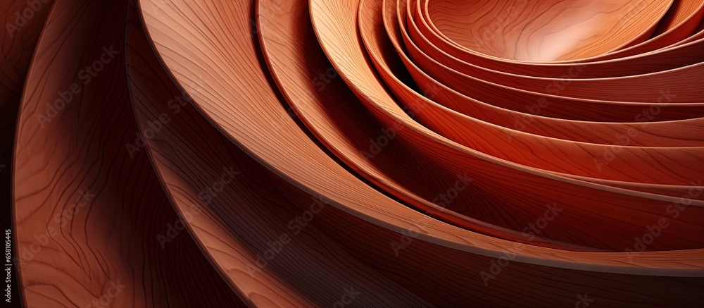 Walnut wood furniture panel with a circular spiral pattern as a ...