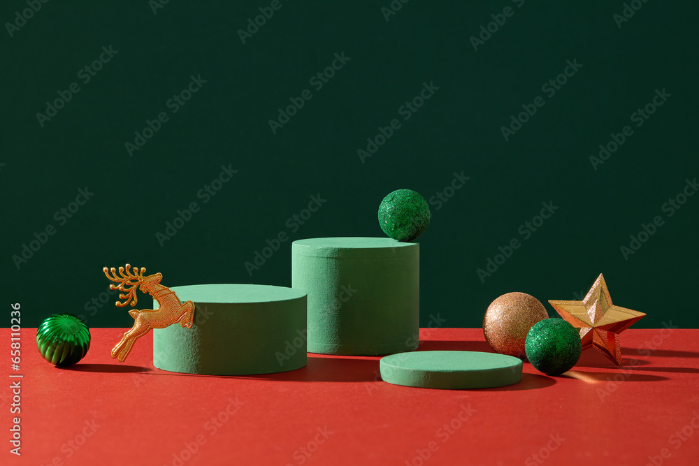 Decoration concept for Christmas holiday. Blank cylinder podiums ...