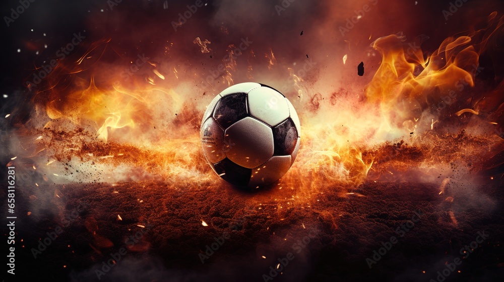 Close up of a fiery Hot soccer ball kicked with power at the stadium ...