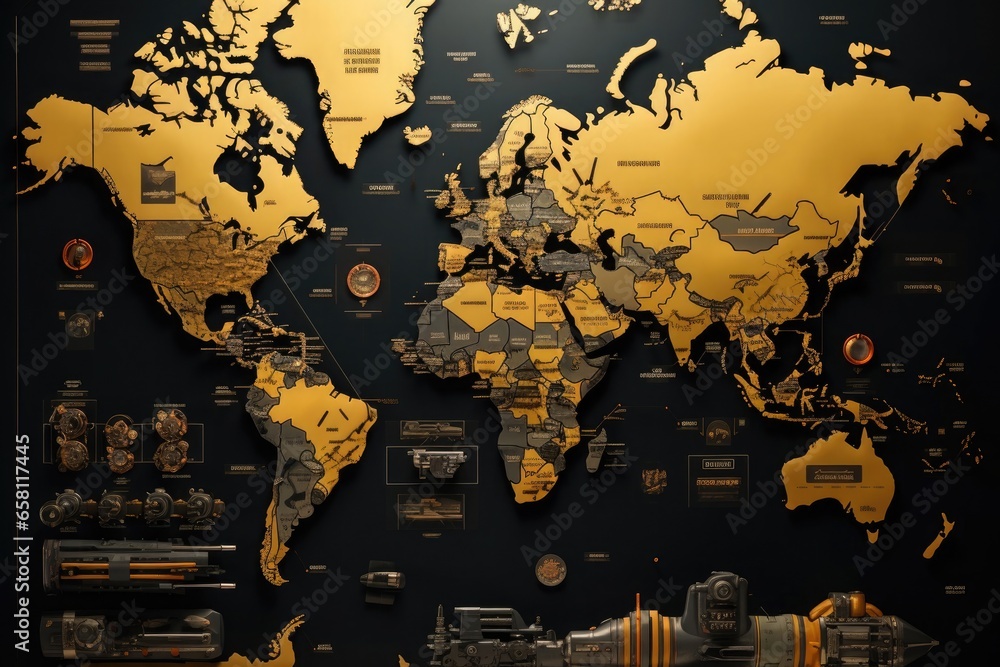 world map set in futuristic military elements, ocher, gold, gray colors ...