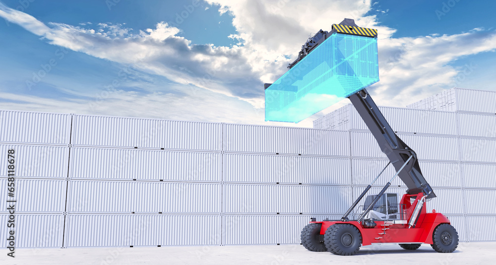 The red reach stacker (loader) lifts and loads a black sea container ...