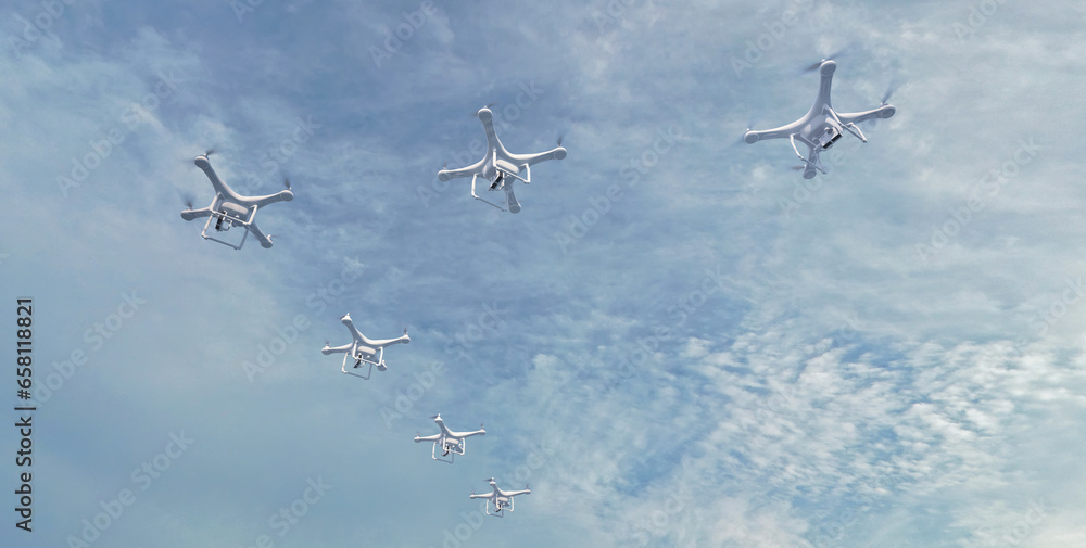 A group of drones forms a flock similar to a flock of migratory birds ...