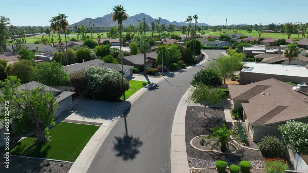 American country club neighborhood in Southwest USA. Aerial shot above ...