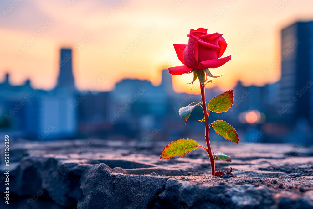 Beautiful red rose growing from a concrete crack Stock Photo | Adobe Stock