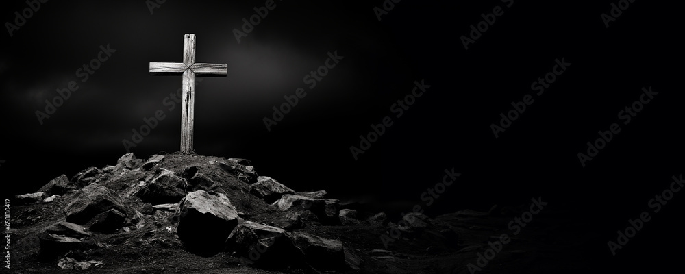 Religious Christian banner of a black and white wooden cross on rock ...