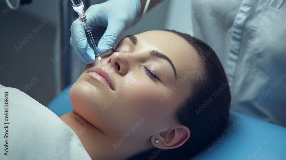 Cryosurgery. A young woman is lying on a couch in the doctor's office ...