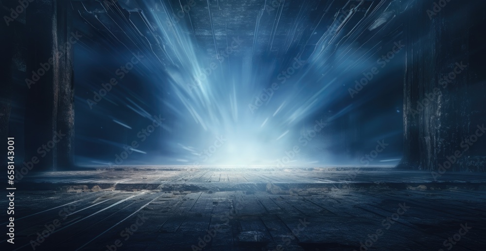 Blue light flow from a shining spot in a dark space, in the style of ...