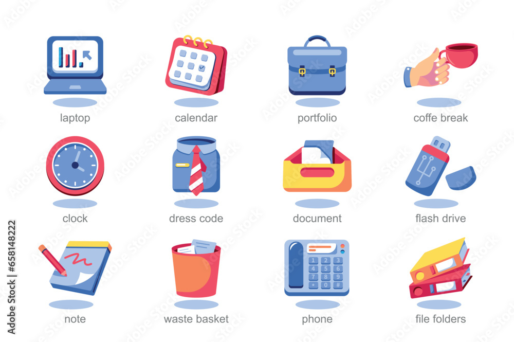 Icon set office in flat cartoon design. These whimsical icons feature ...