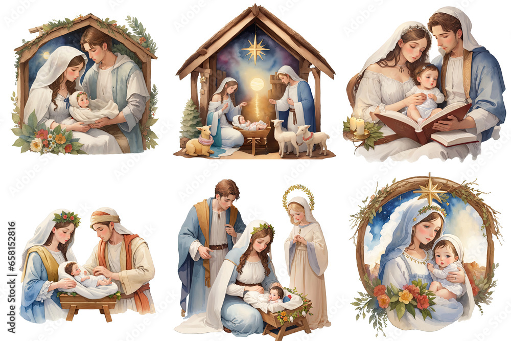 Holy Nativity Scene with Baby Jesus, Mary, Joseph Watercolor ...