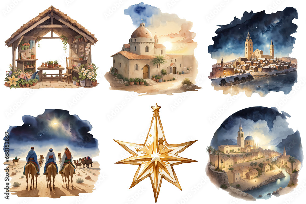 Holy Nativity Scene with Star, Church, Star of David Watercolor ...