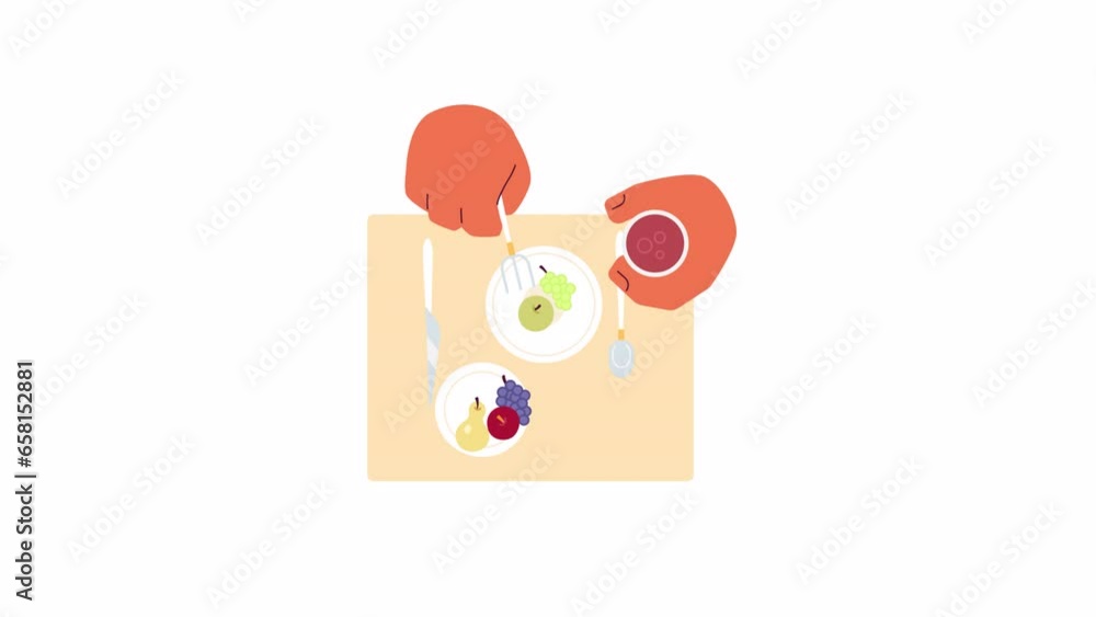 Putting fruits on plate with fork cartoon animation. Hand holding wine ...