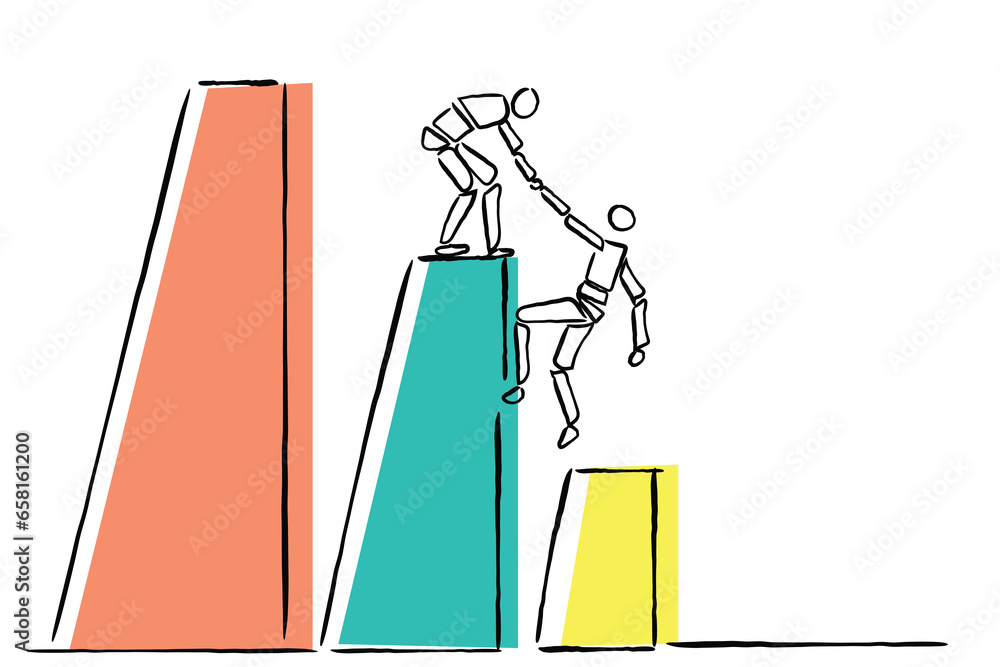 Hand drawn line art vector of two robots helping each other achieving ...