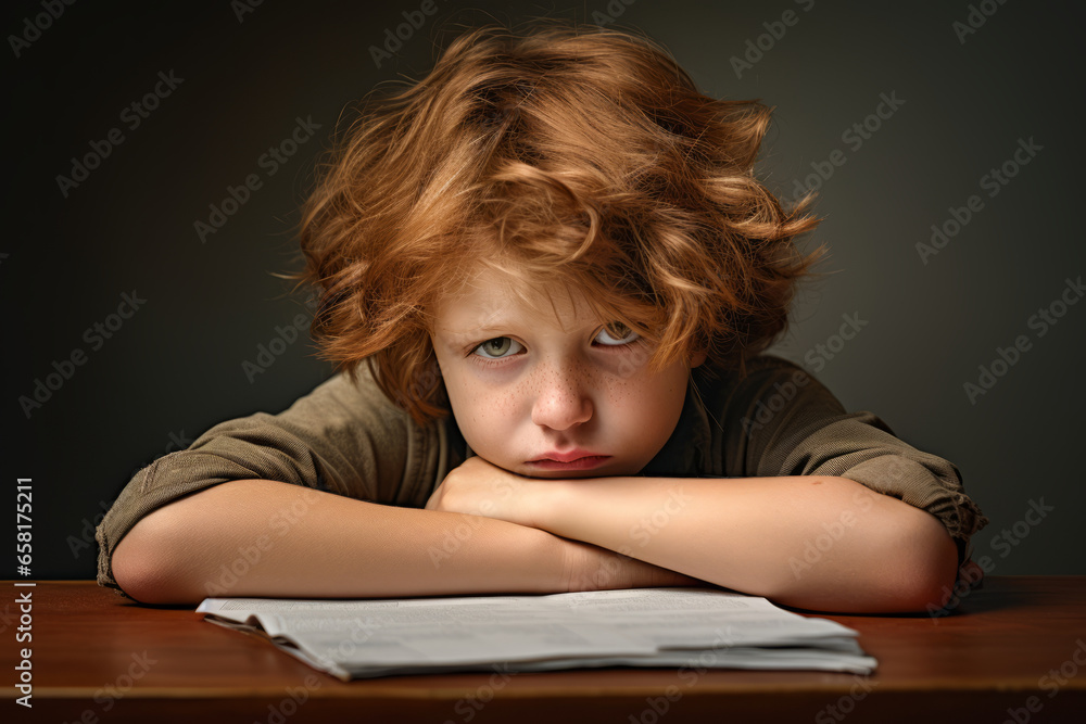 Sad tired schoolboy doing homework. Little child struggling with his ...