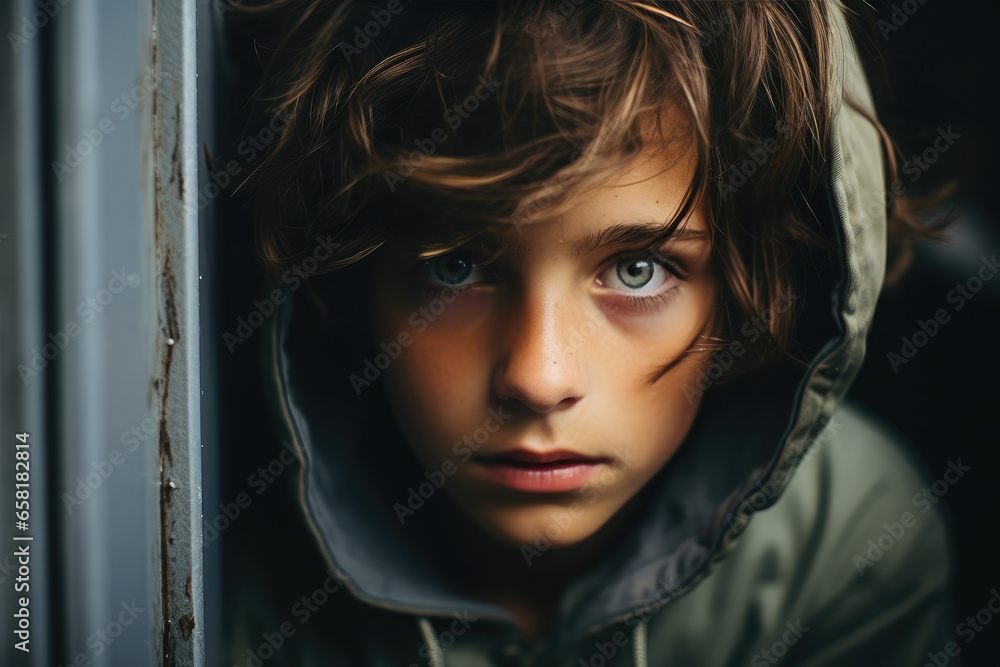 Generative AI illustration portrait of young autistic man with a hood ...